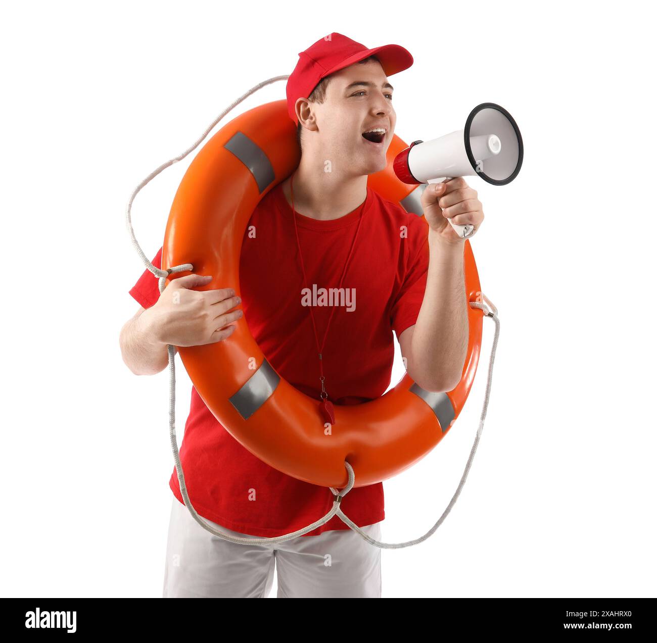 Male lifeguard with ring buoy and megaphone isolated on white ...