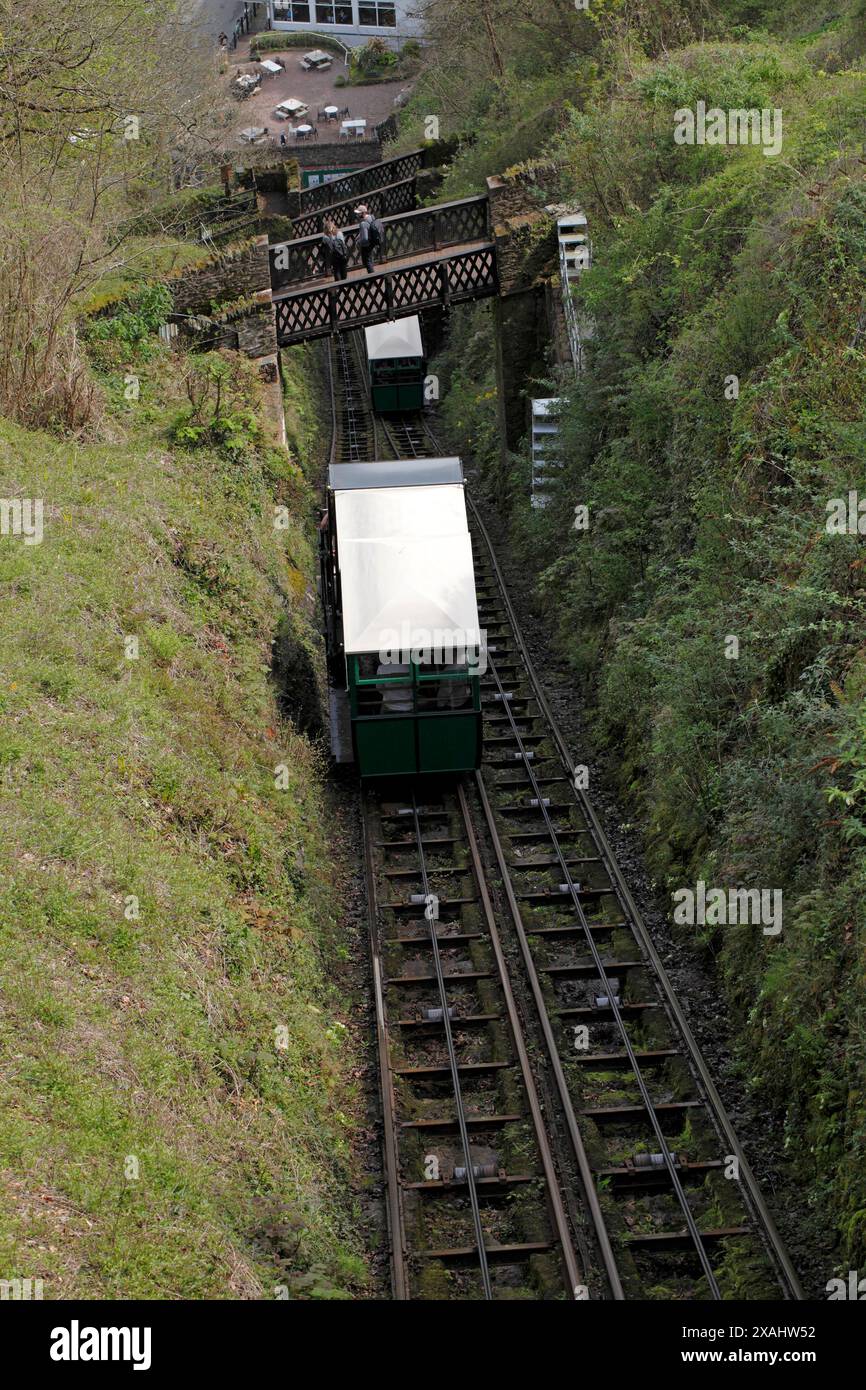 Lynton and Lynmouth cliffside railway showing the carriages in transit ...