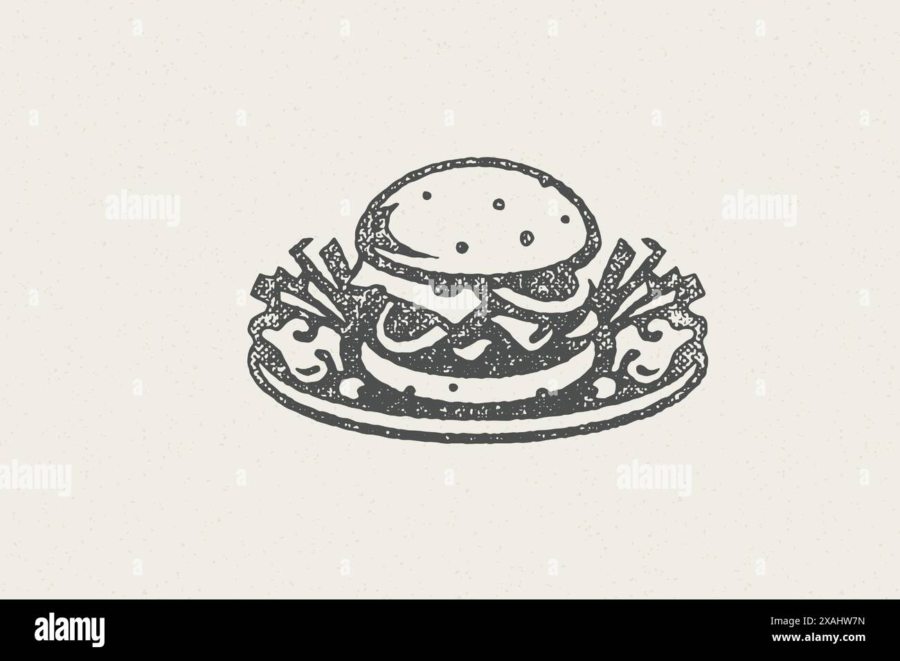 Burger silhouette and fries on plate as logo fast food hand drawn stamp ...