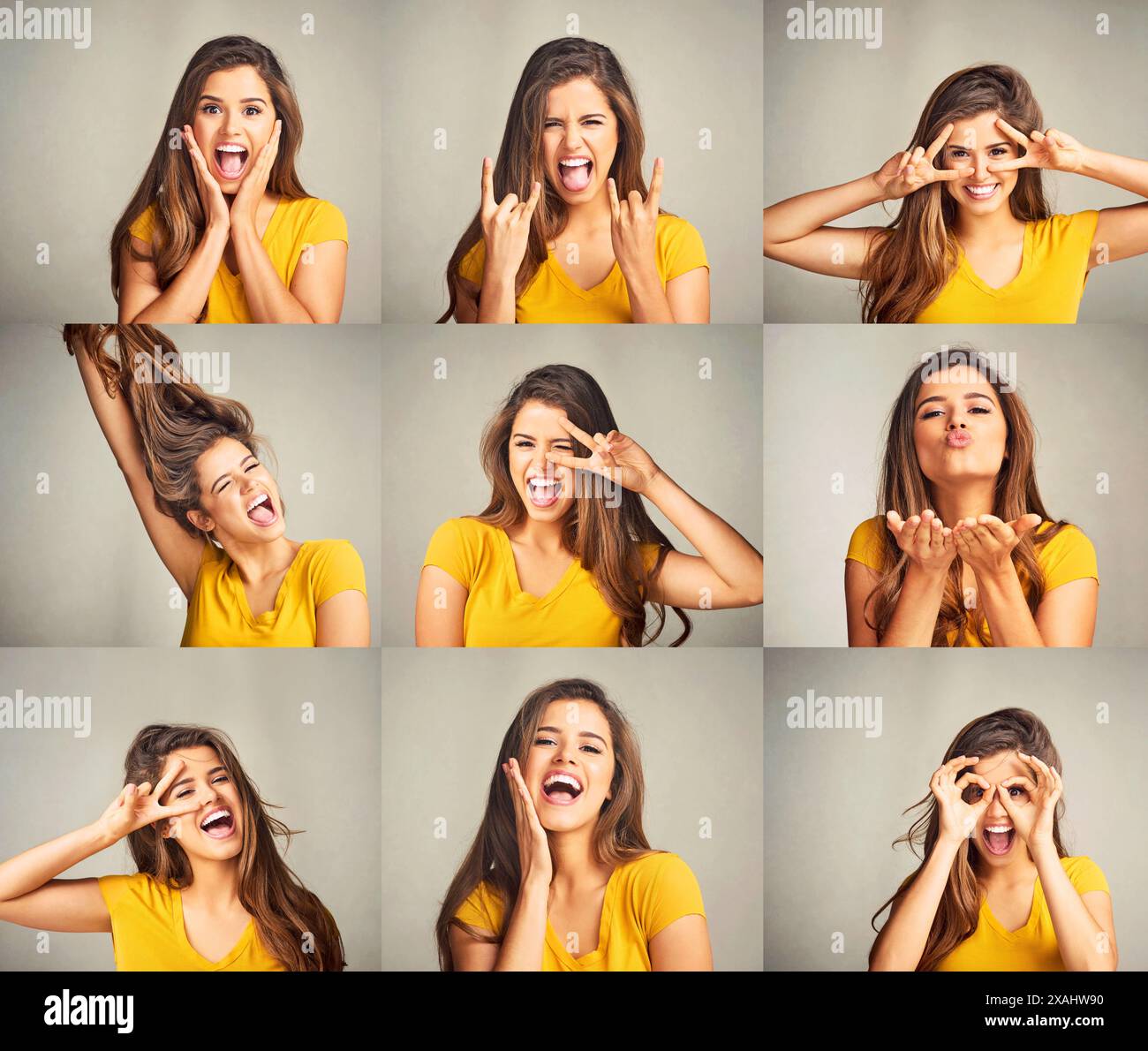 Goofy, collage and portrait of woman in studio with silly, joke and ...