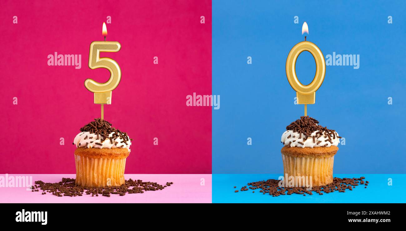 Two birthday cupcakes with the number 5 and 0 - Blue and pink ...