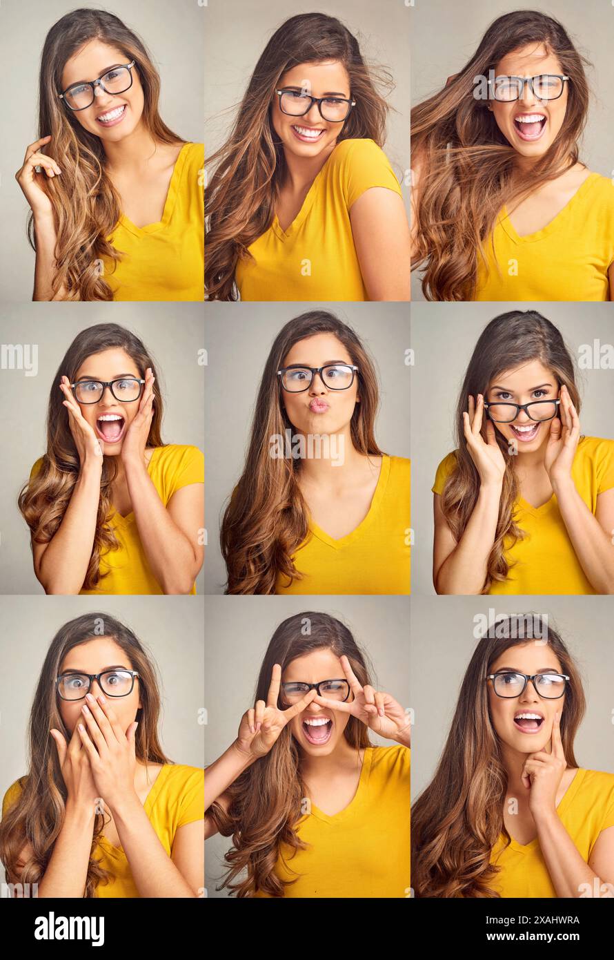 Crazy, collage and portrait of woman in studio with silly, joke and ...