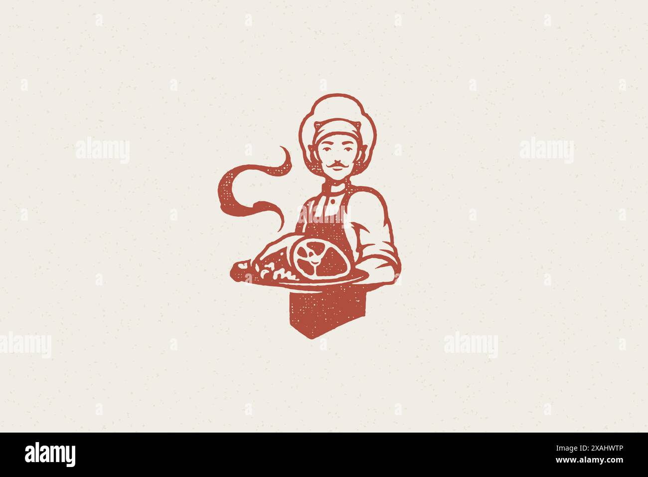 Male chef carrying plate of hot delicious meat hand drawn stamp effect ...