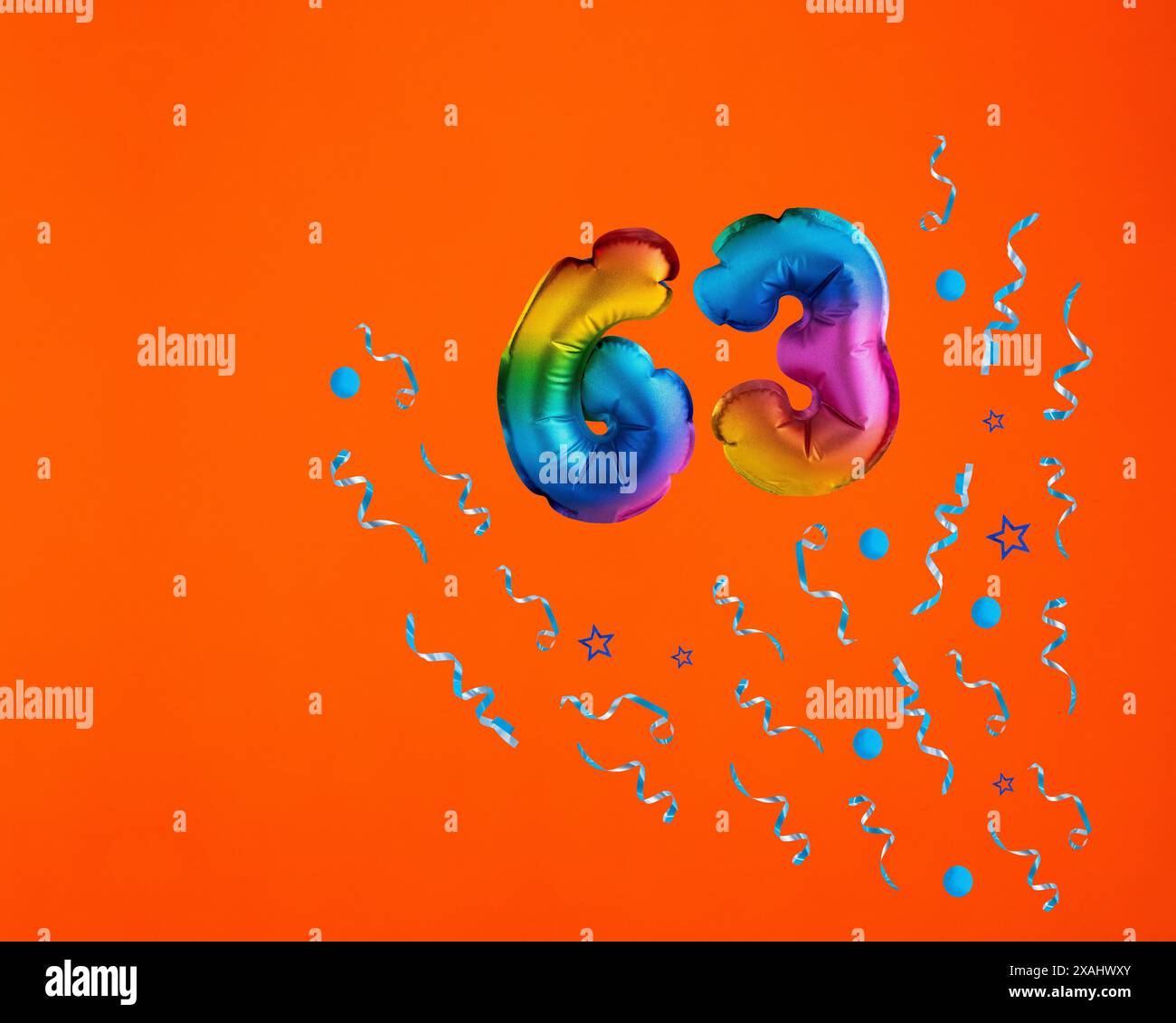 Confetti explosion with number 63 balloon - Celebration on orange background. Birthday card ...