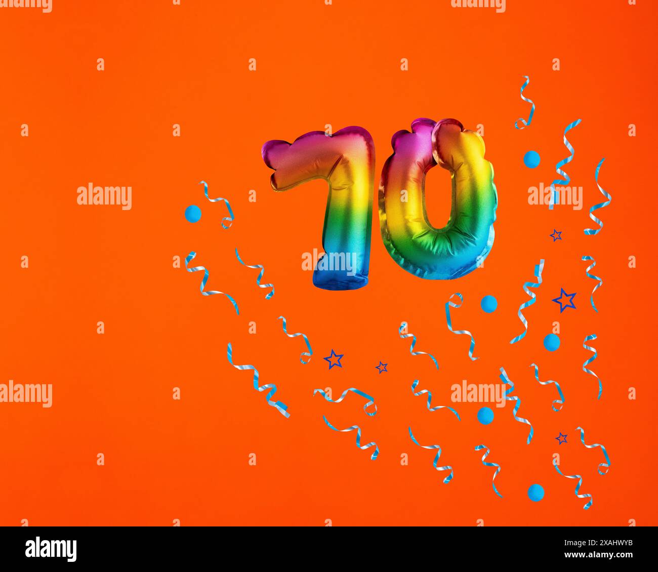 Multicolor balloon number 70 - Confetti explosion on orange background ...