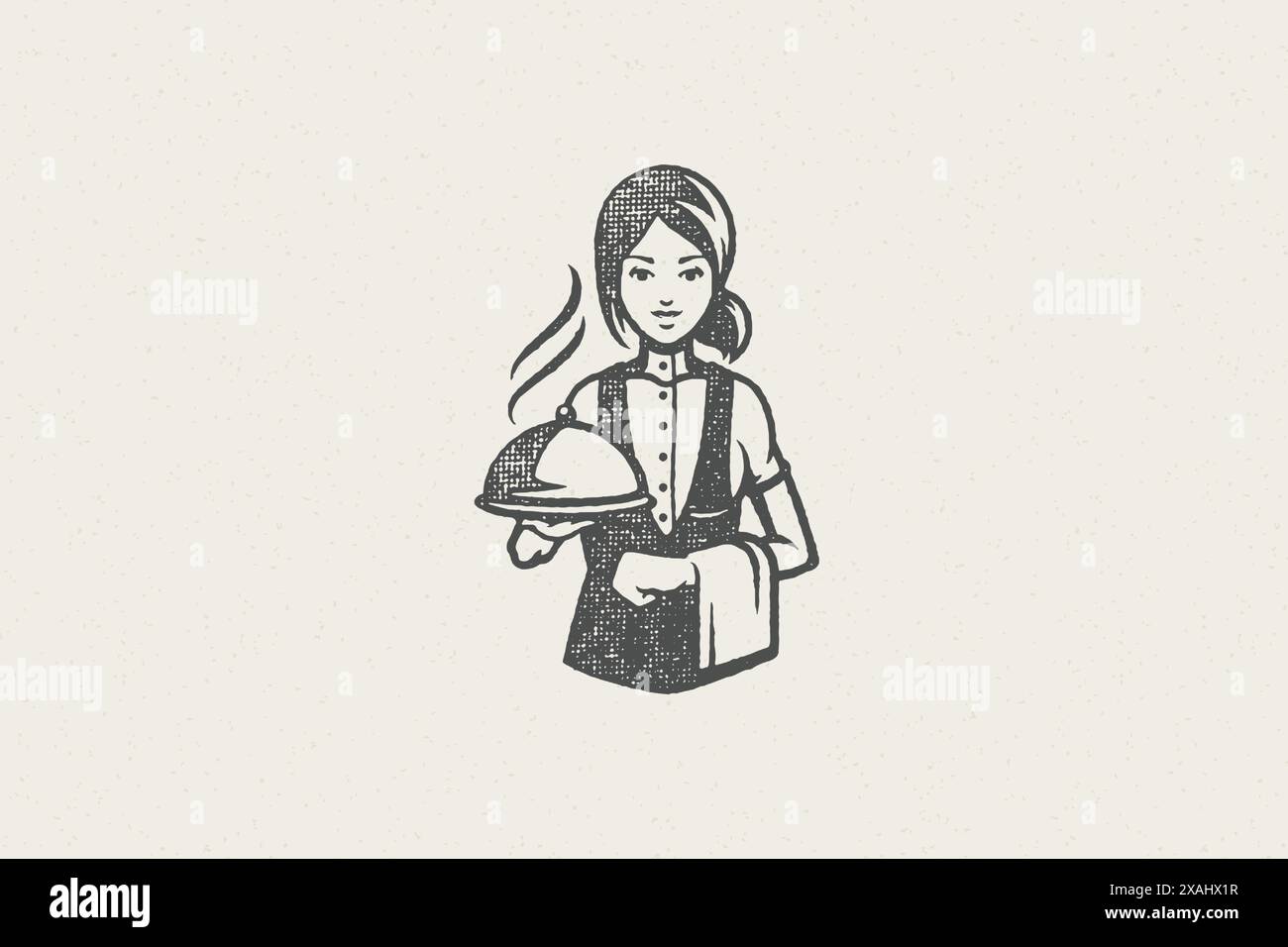 Professional waitress holding tray silhouette with hot food covered ...