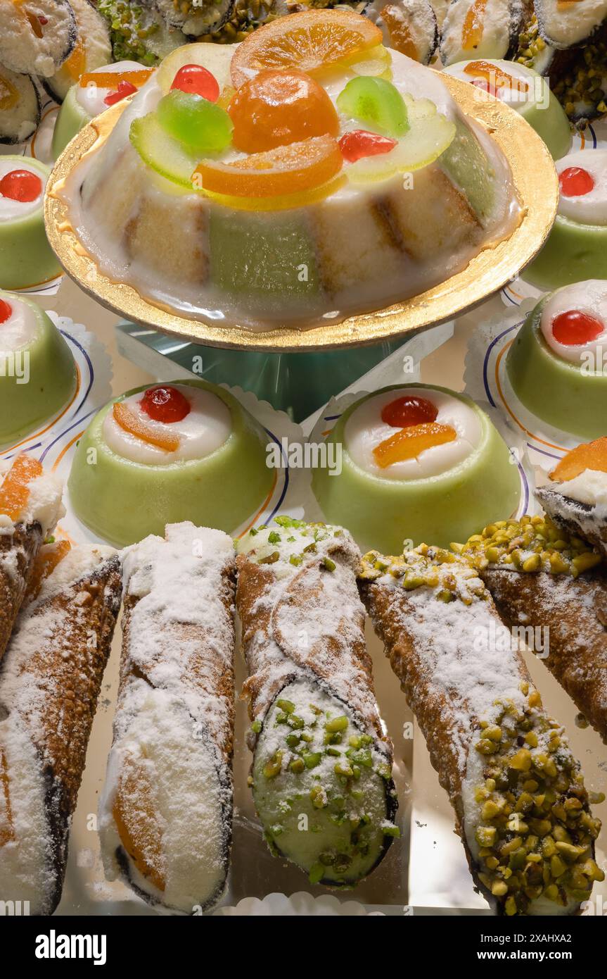 Typical Italian Sicilian Sweets, Cannoli and Glazed Sweets with Fruit ...