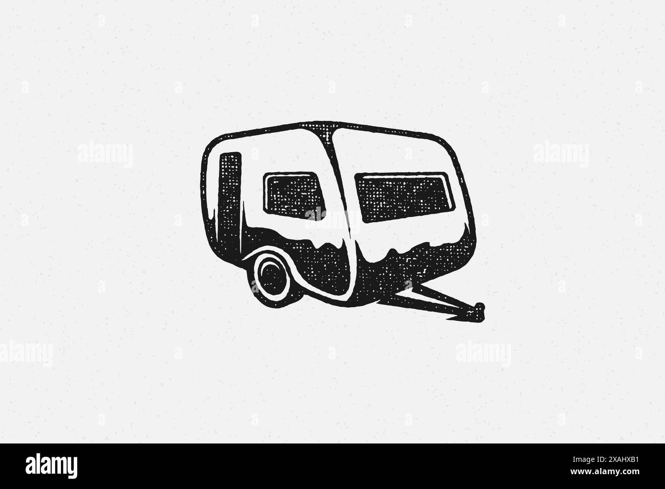 Silhouette of retro camper designed as emblem road trip in countryside ...