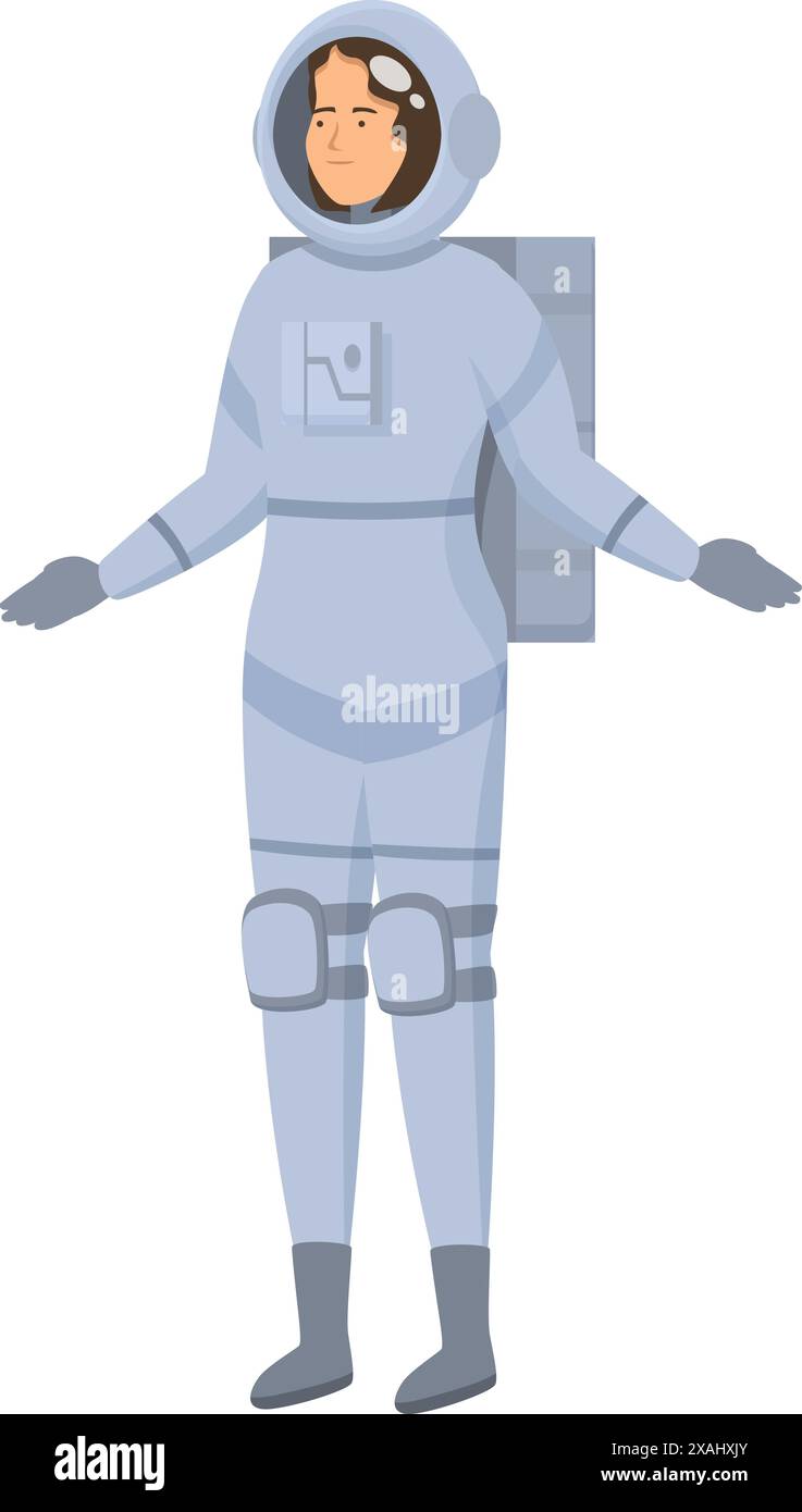 Female astronaut wearing space suit standing with open arms, space ...