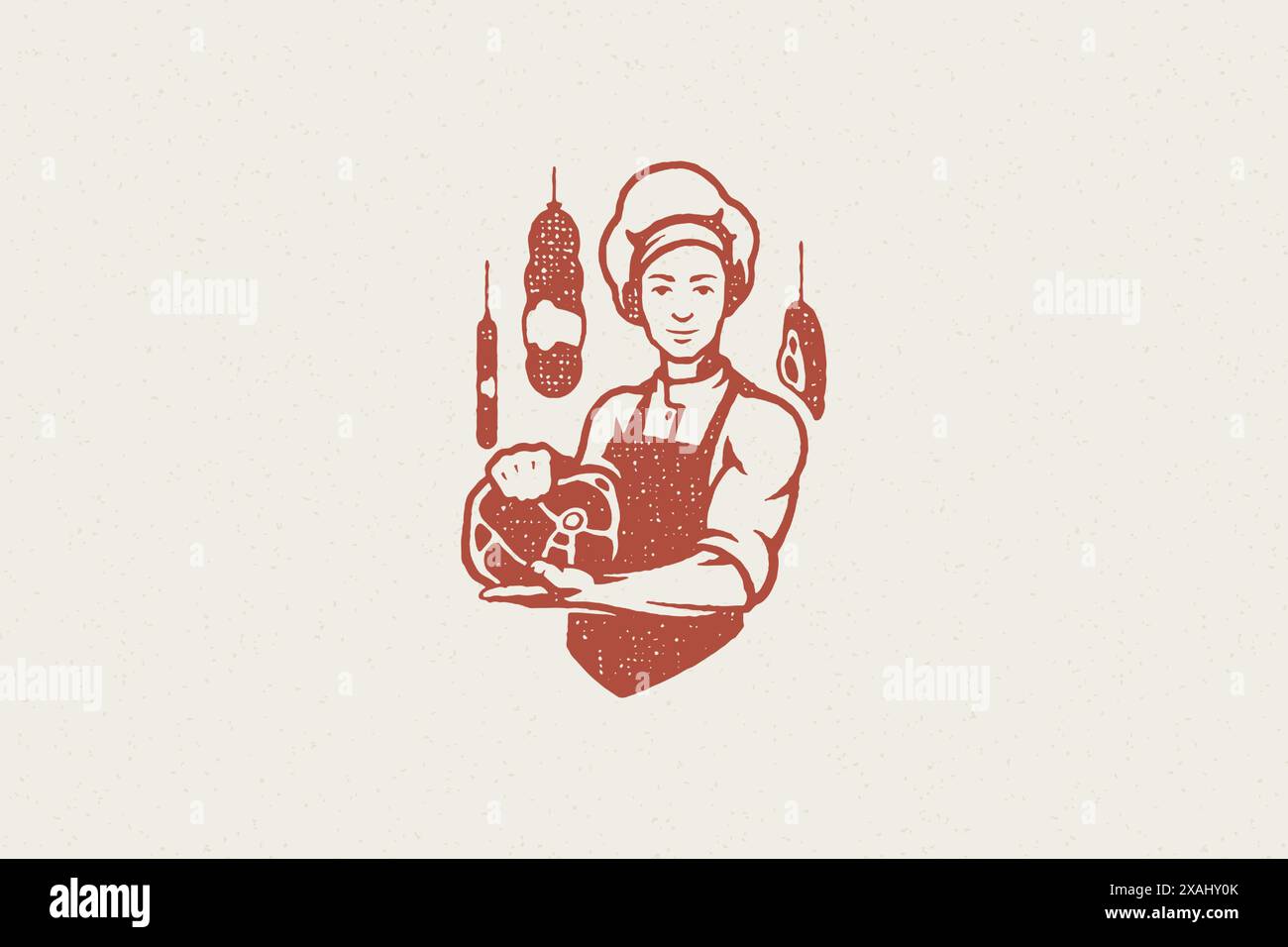 Man in apron and cap demonstrating piece of fresh meat hand drawn stamp ...