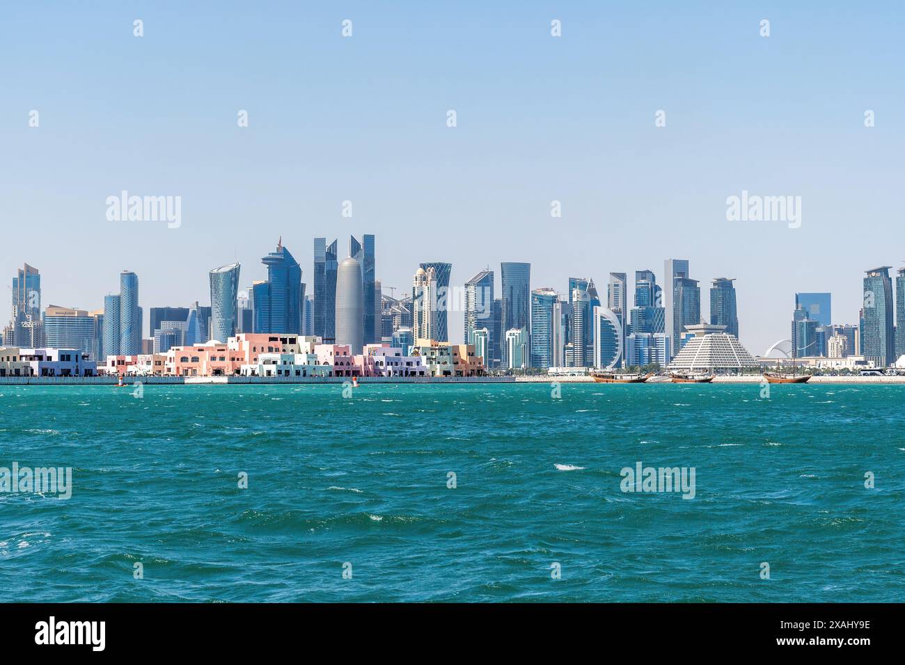 Doha, Qatar - February 18, 2024: Wide panoramic view to the famous Doha ...
