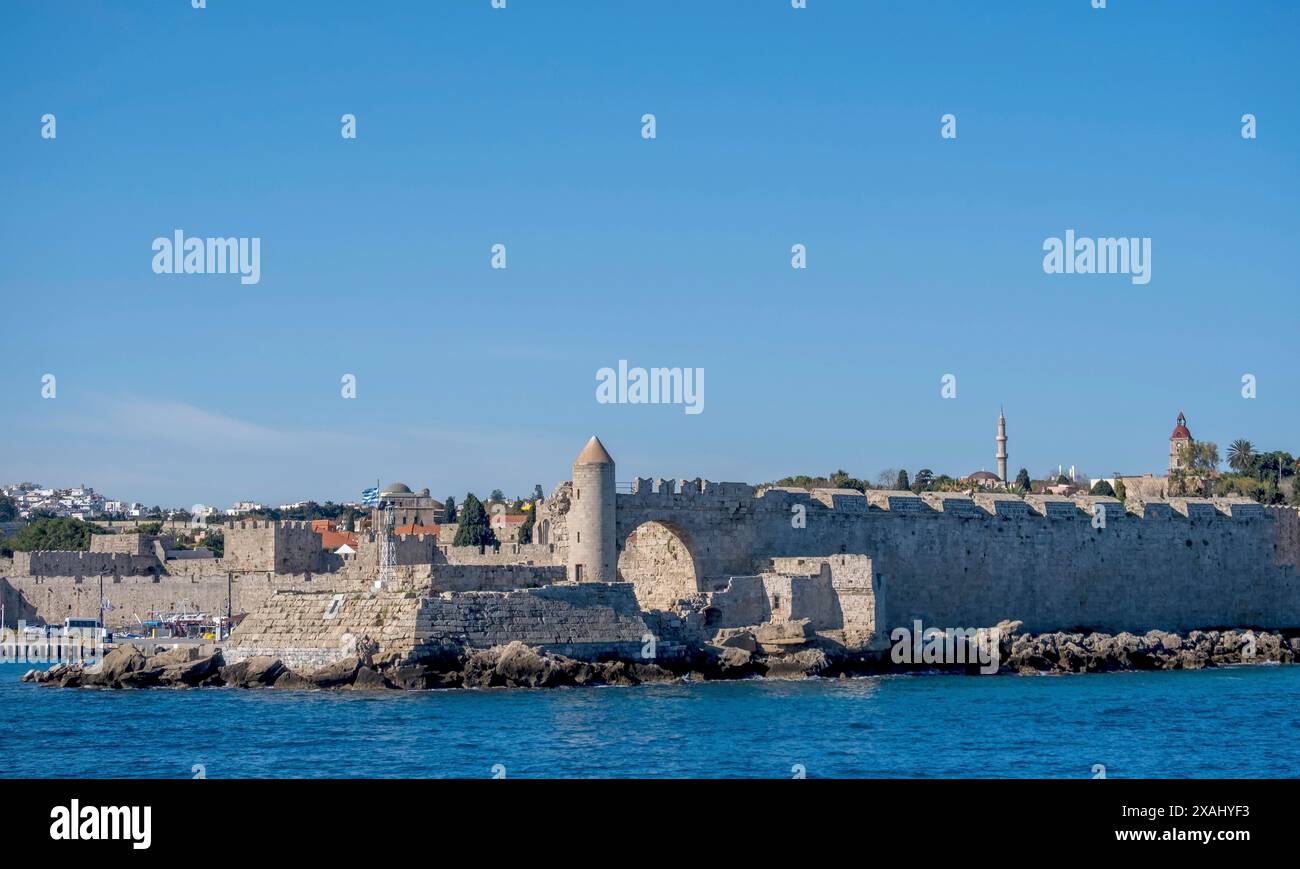 City wall with the De Naillac Tower, harbour area, Rhodes Town, Rhodes ...