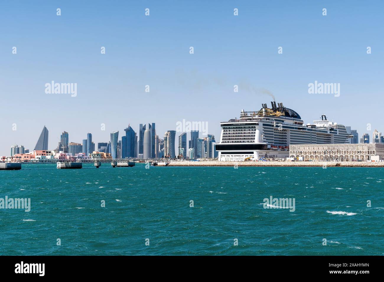 Doha, Qatar - February 18, 2024: Doha downtown panorama and cruise ship ...