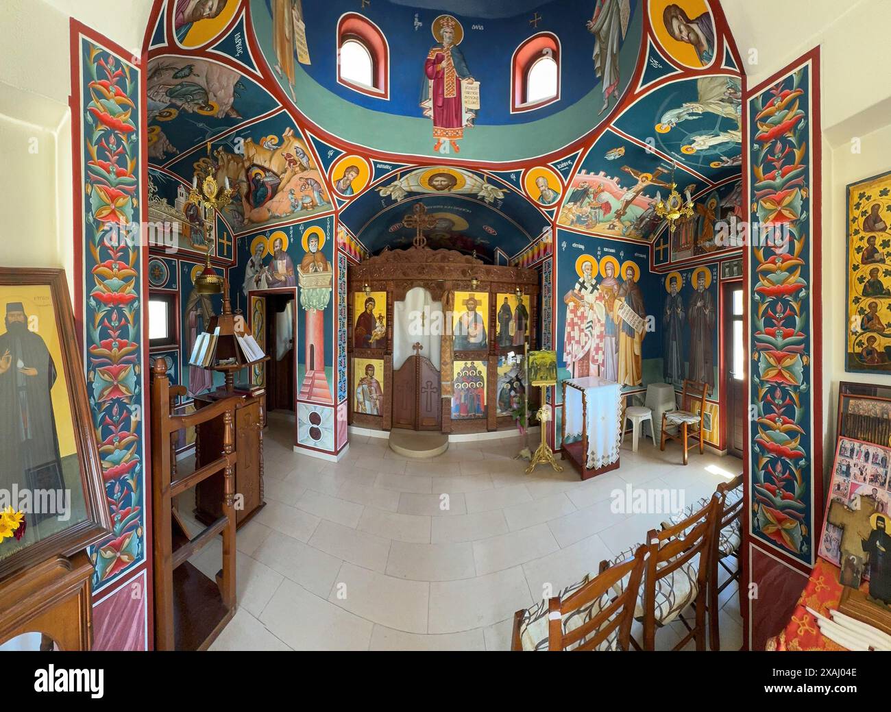 Interior of small church chapel in Byzantine style architectural style ...