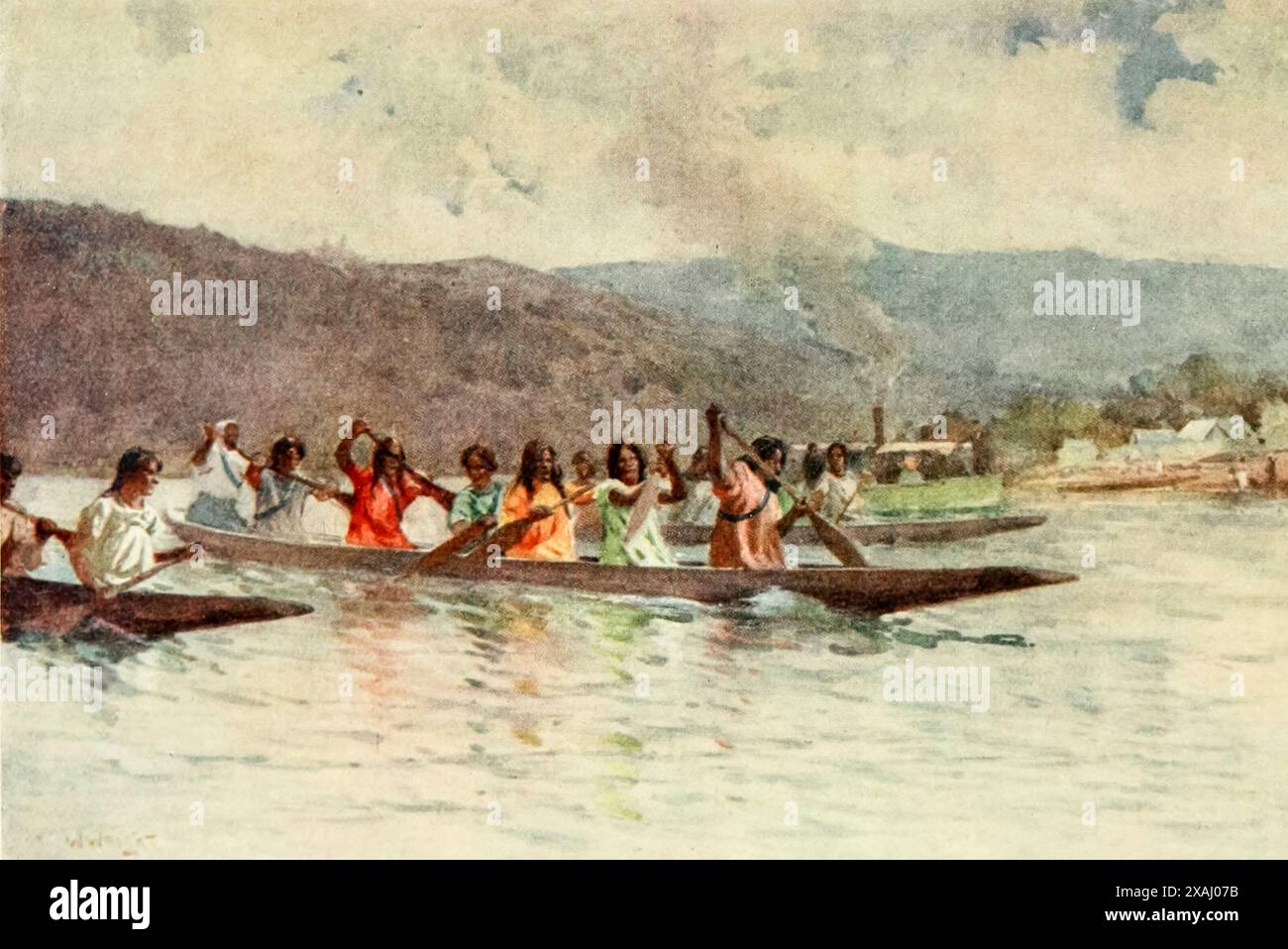 Wahine's Canoe Race on the Waikato from the set ' New Zealand ' painted ...