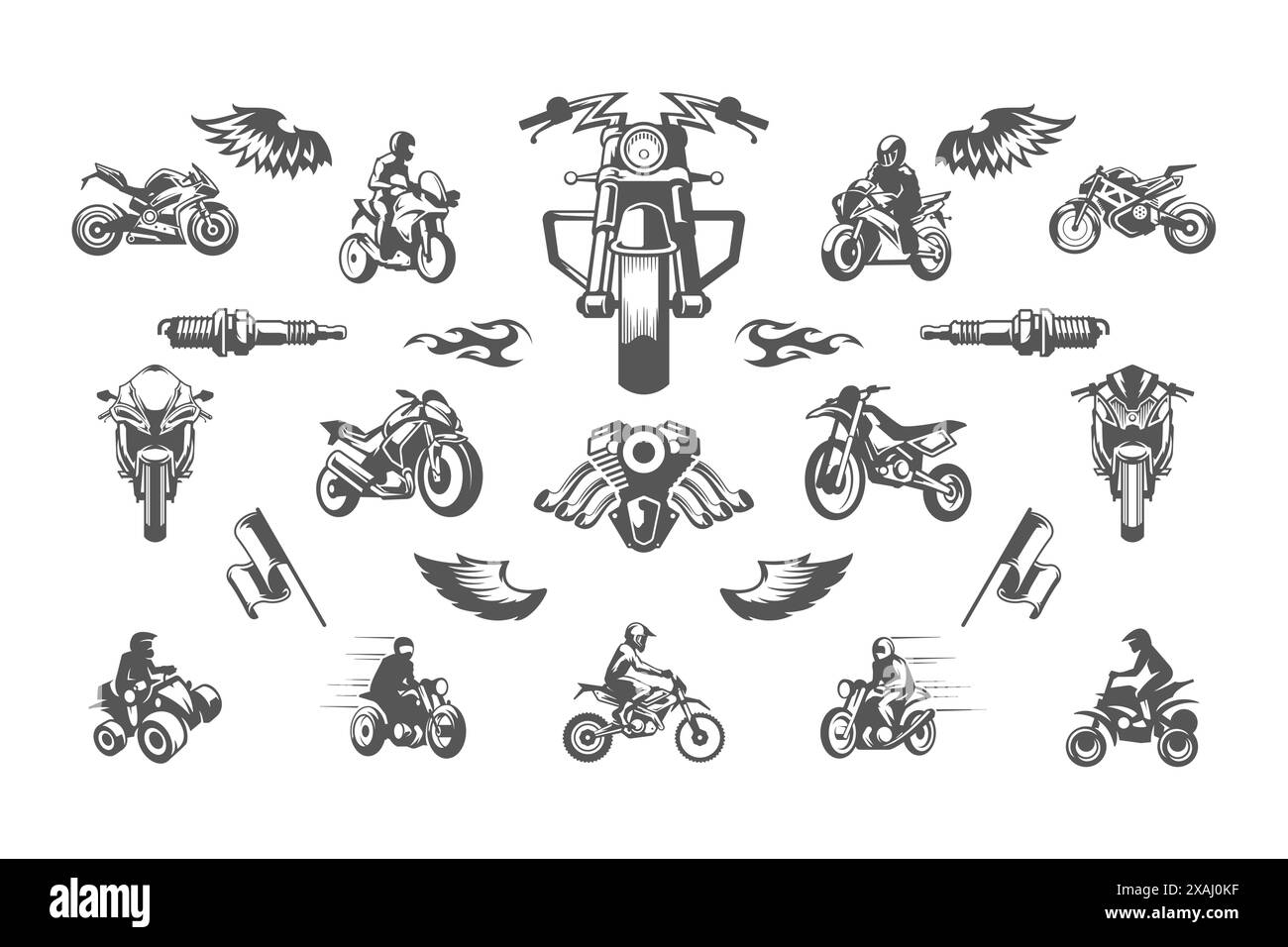 Vintage custom motorcycles silhouettes and icons isolated on white ...
