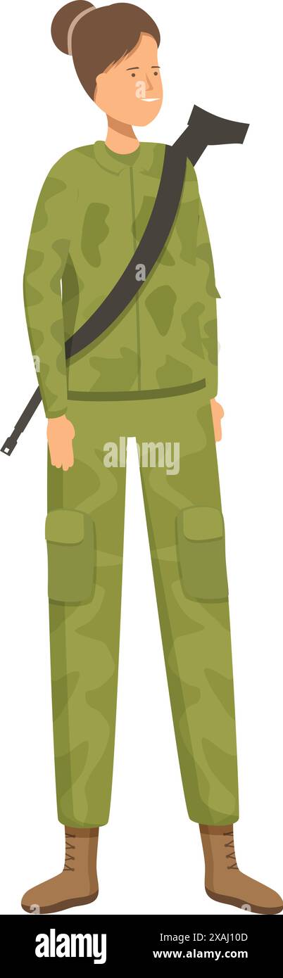 Female soldier is standing in uniform with an assault rifle ...