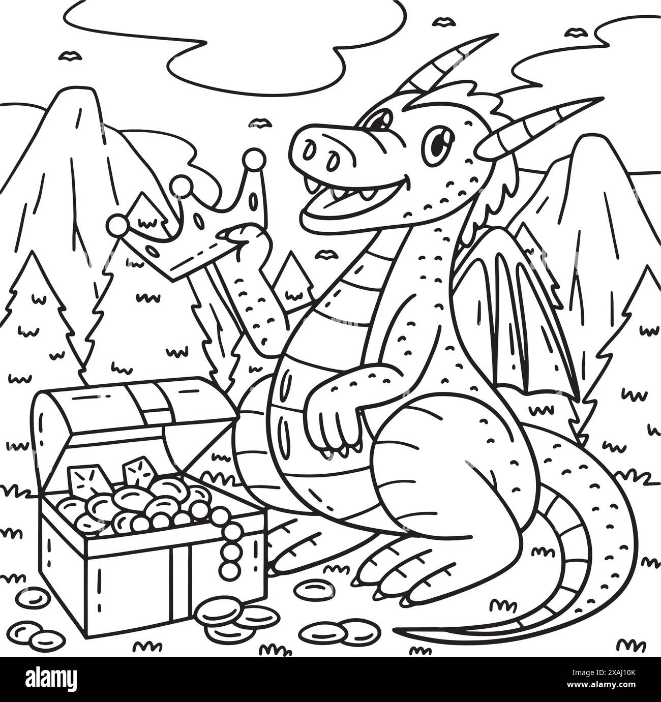 Dragon with Treasure Chest Coloring Page for Kids Stock Vector Image ...