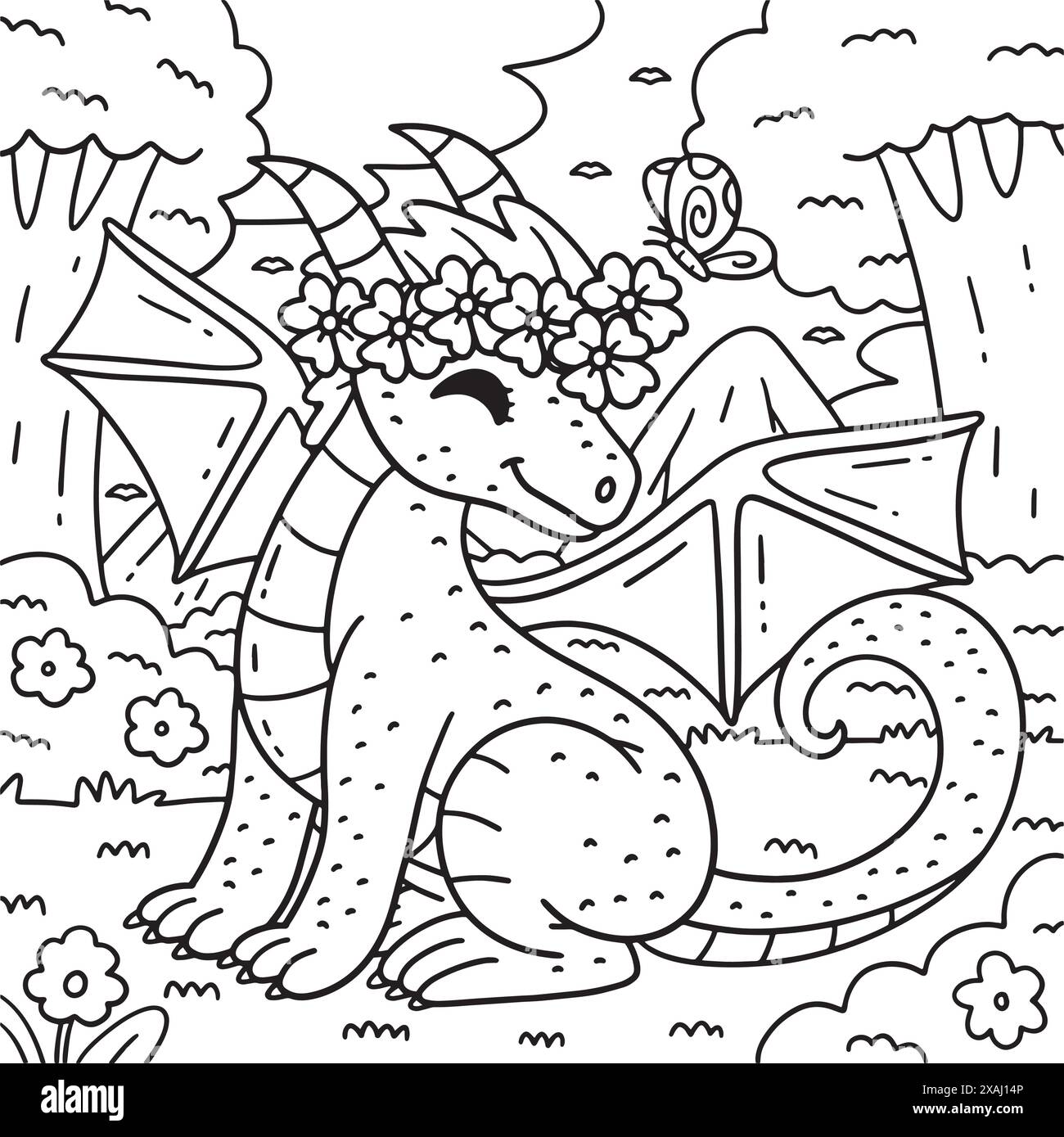 Dragon with Flower Crown Coloring Page for Kids Stock Vector Image ...