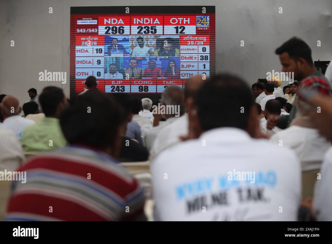 New Delhi, India. 04th June, 2024. Congress supporters watch vote ...