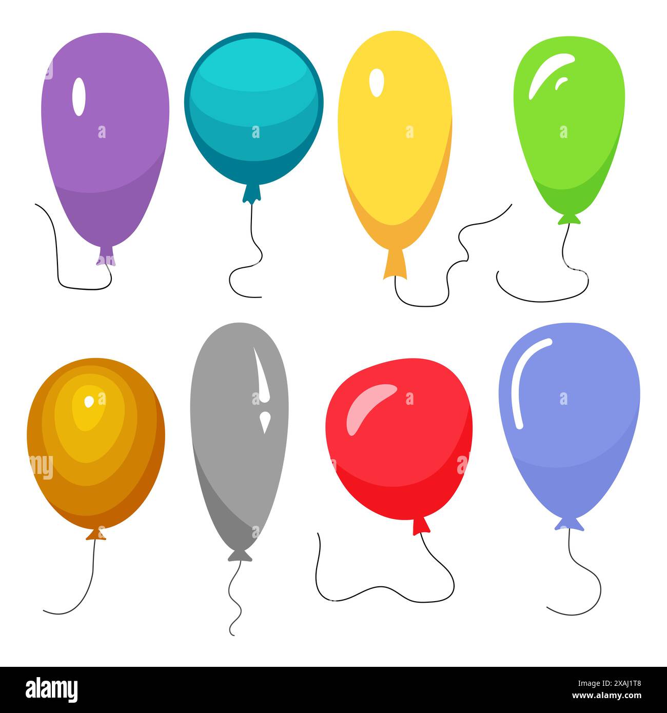 Set of eight colorful balloons with a string isolated on white ...