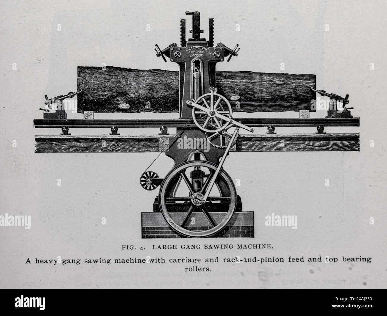 LARGE GANG SAWING MACHINE. A heavy gang sawing machine with carriage ...