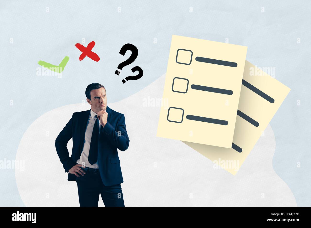 Collage picture sketch of serious minded man decide task question ...