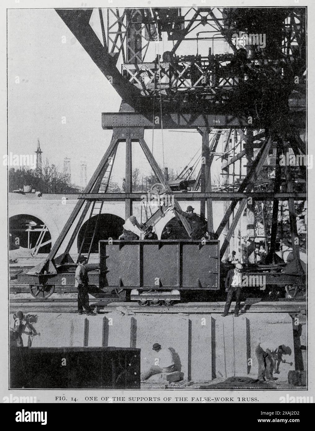 ONE OF THE SUPPORTS OF THE FALSE-WORK TRUSS. In the foreground an arch ...