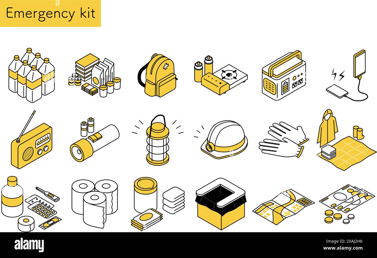Simple line drawing of emergency kit, isometric illustration set ...