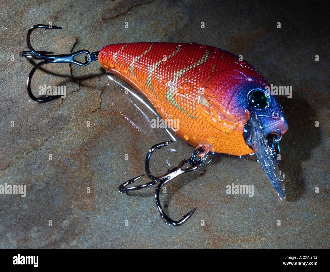 Purple and orange fishing lure that is wet on a rock Stock Photo - Alamy