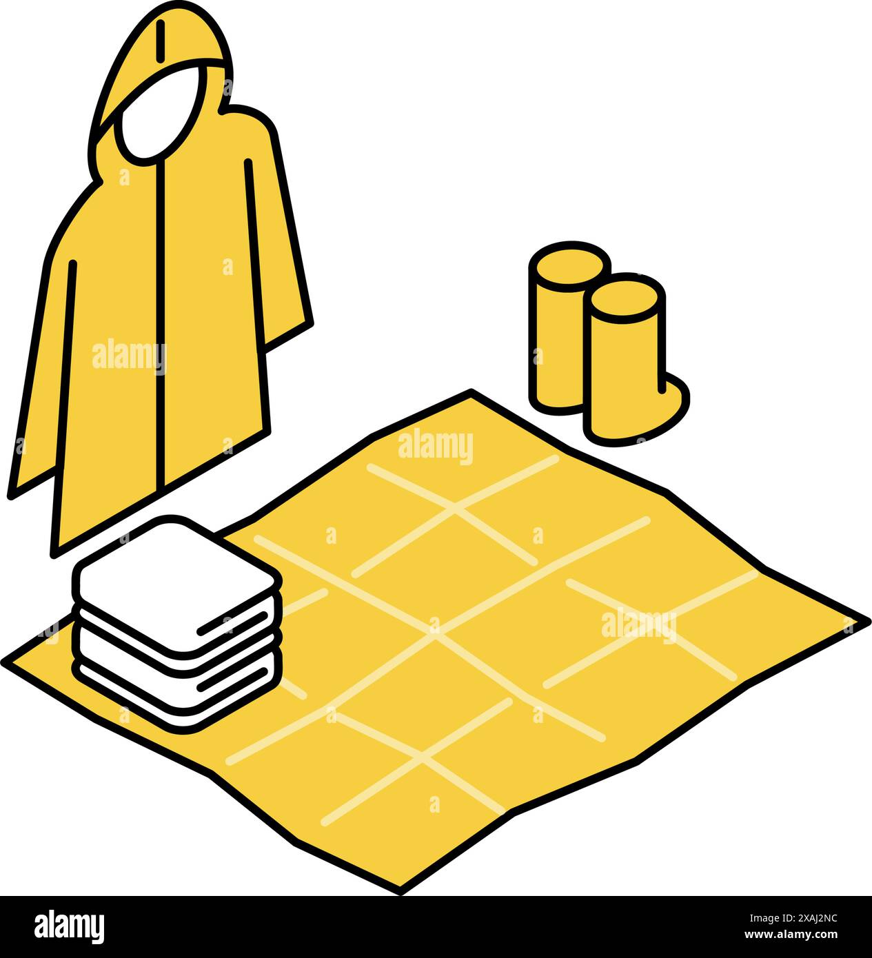 Simple line drawing of emergency kit, Rain gear (raincoat and boots ...