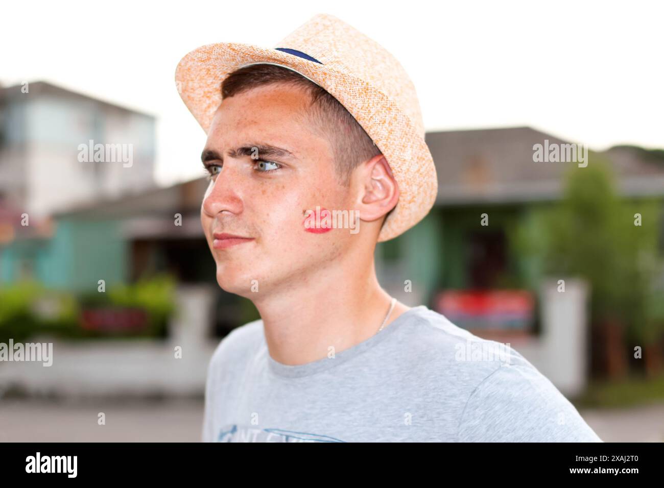 Romantic young man, kiss, portrait. Outdoors summer, men's romantic ...