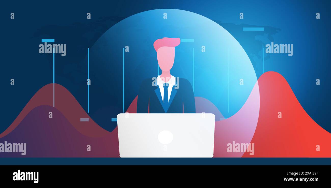 Business Man Behind a Laptop Computer Sitting in an Information Bubble ...