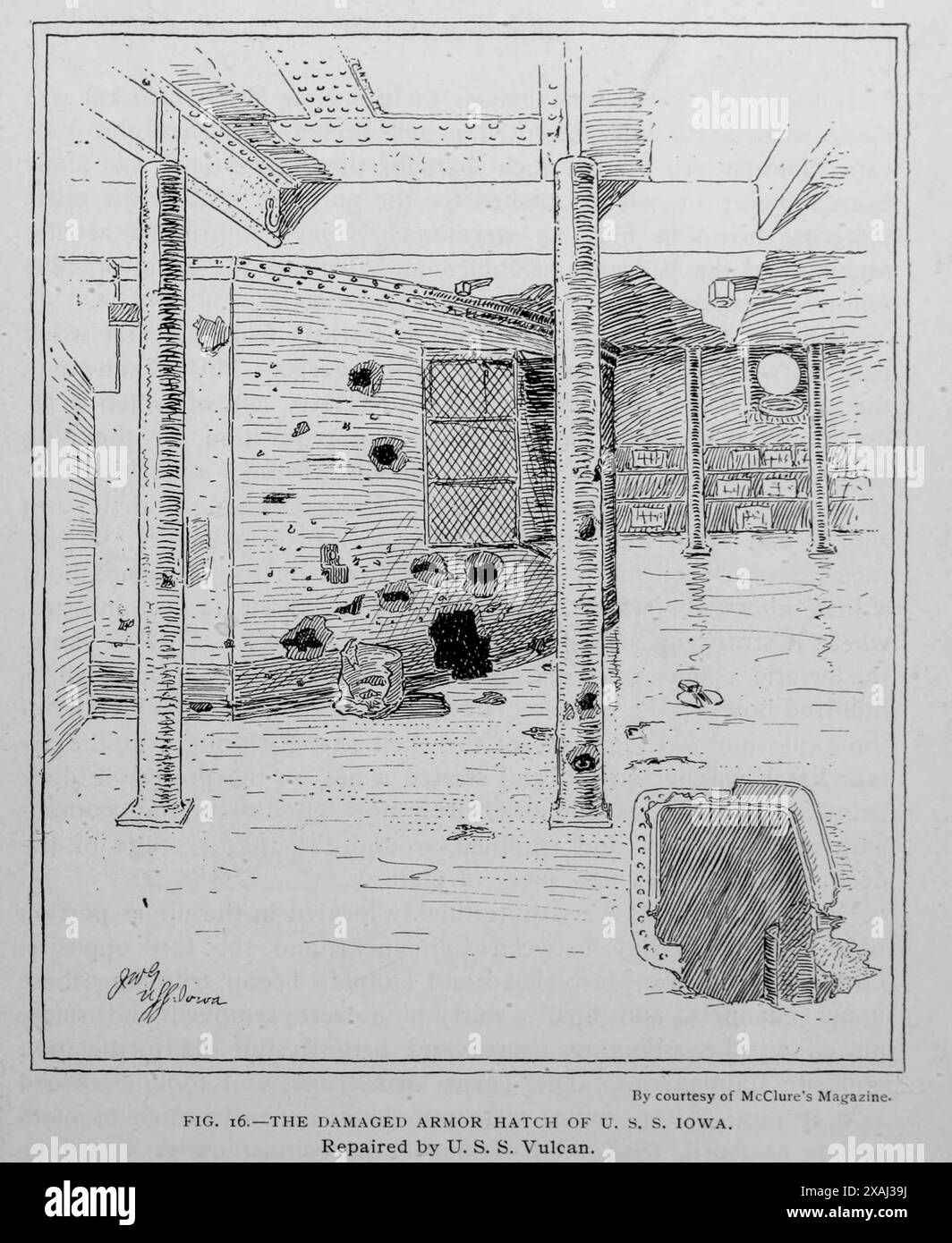 THE DAMAGED ARMOR HATCH OF U. S. S. IOWA. Repaired by U. S. S. Vulcan ...