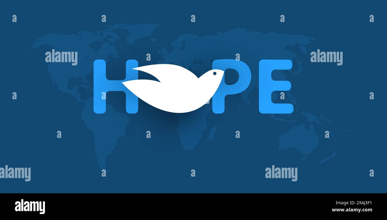 Hope - Blue Minimalist Lettering, Banner with White Peace Pigeon ...
