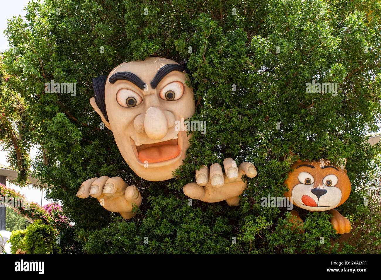 An expressive Gargamel head and his cat Azrael peeking out from a green ...
