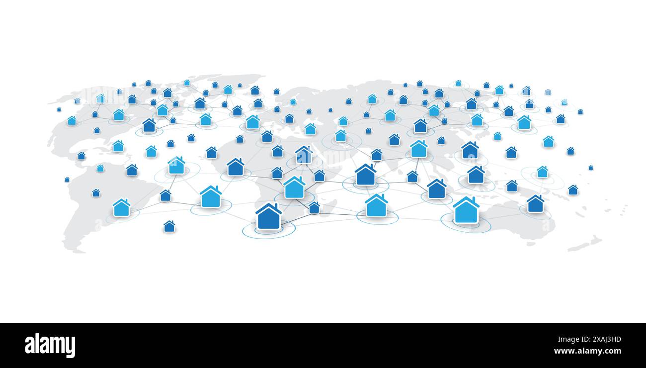 Global Peer to Peer Network, Connected Smart Homes Design, Digital Connection, Data Exchange ...