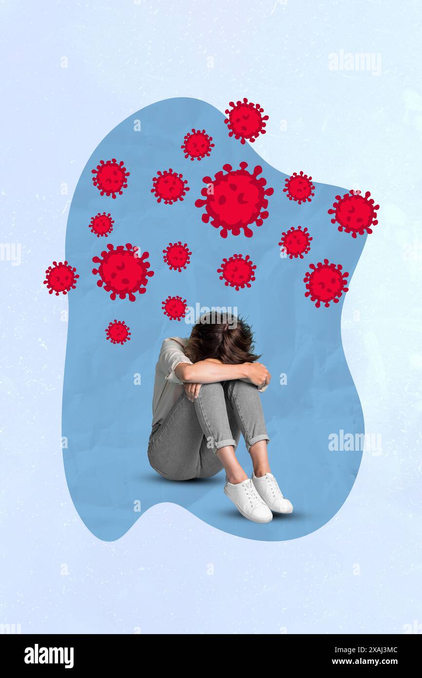 Collage sketch image of sad upset youing woman sitting suffering fever ...