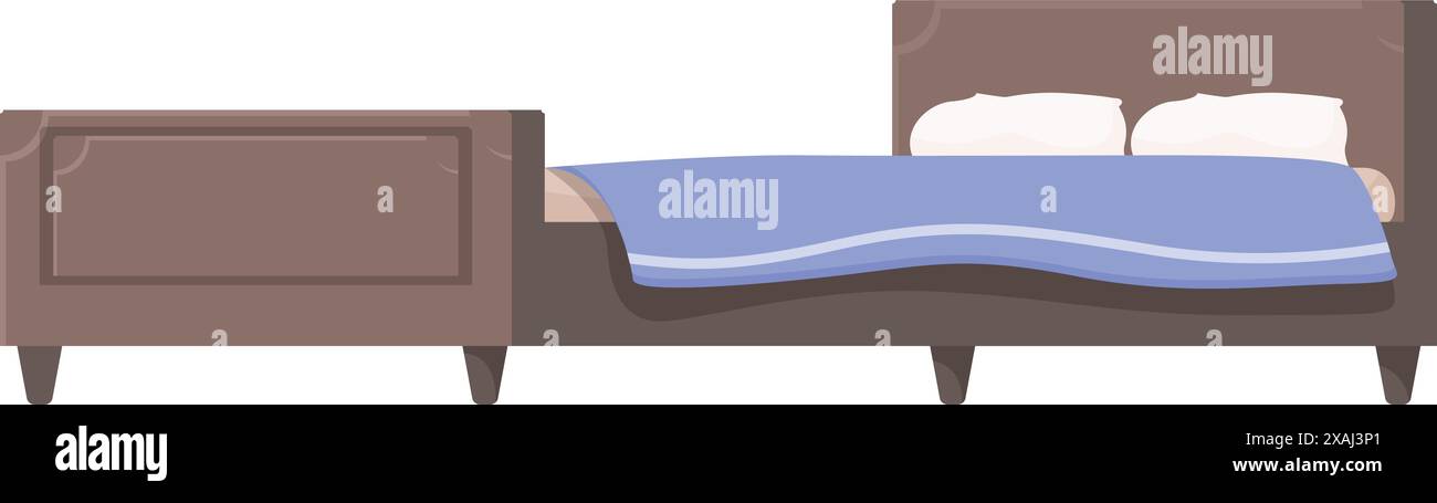 Big double bed with wooden frame, blue sheets and two pillows is ...