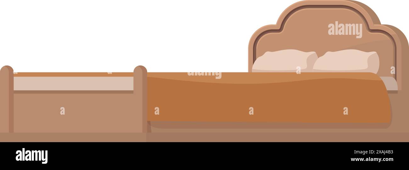 Big double bed with wooden frame and pillows is standing in the room on ...