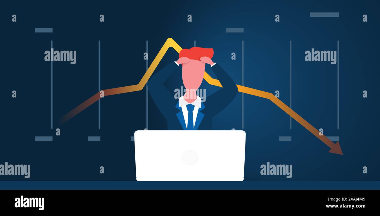 Business Man Holding His Head While Sitting Behind a Laptop Computer ...