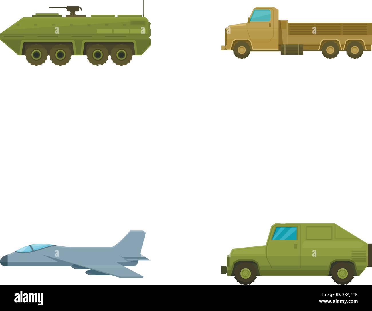 Flat design icons of a tank, truck, fighter jet, and armored vehicle on ...