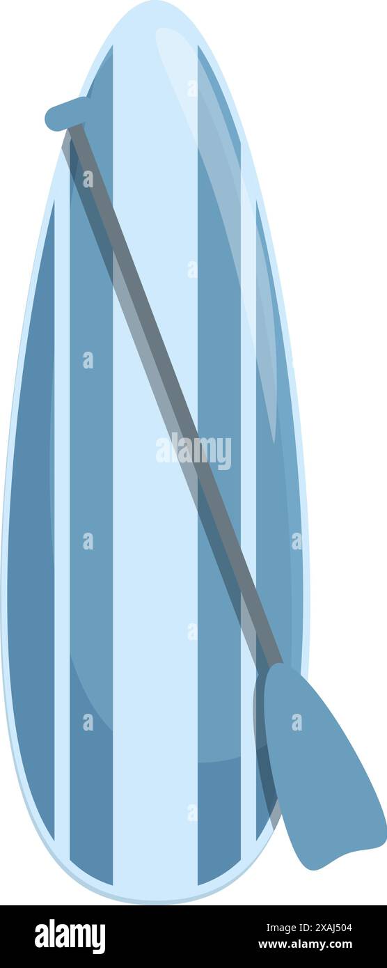 Blue and white paddle board with a paddle is leaning on a white ...