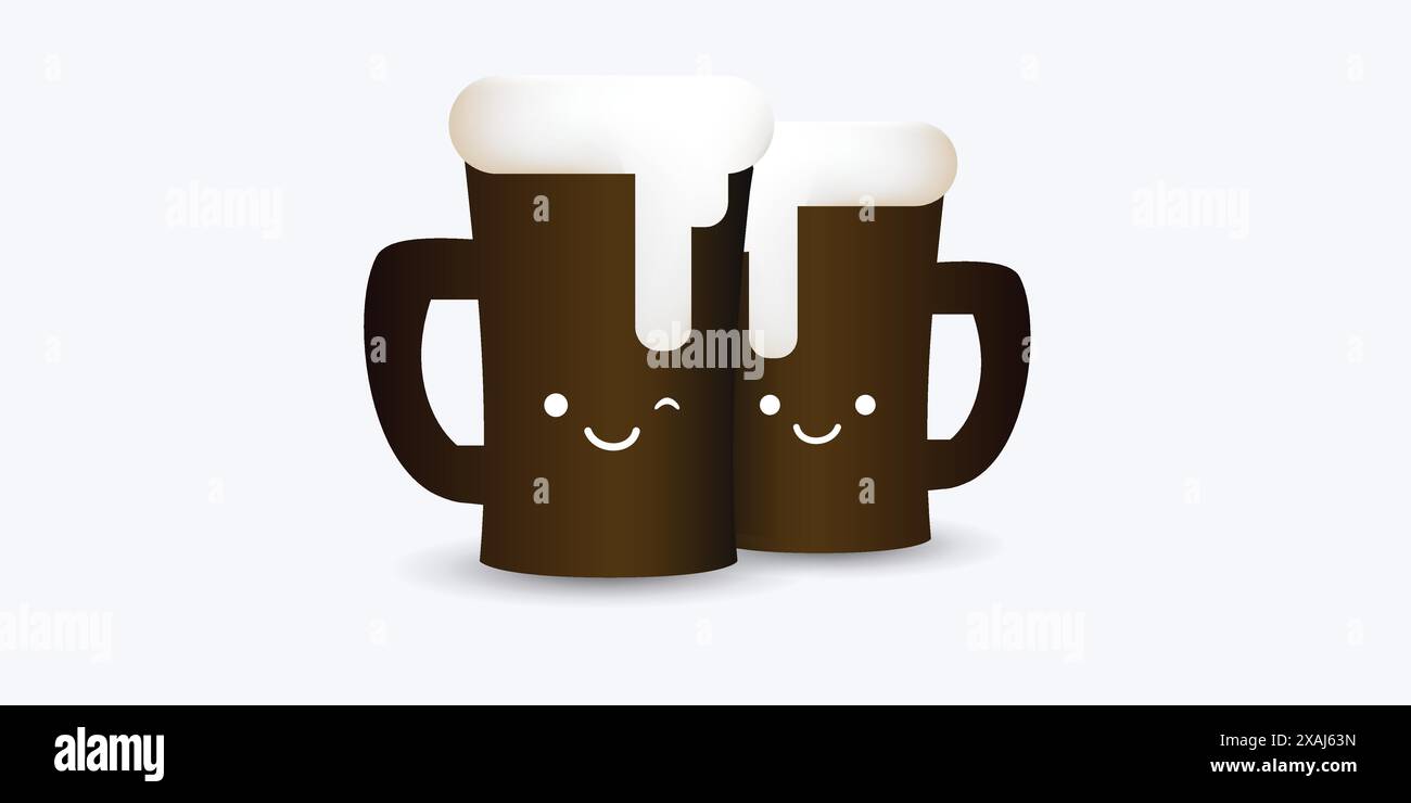 Two Dark Brown Beer Mugs Full of Beer and Froth with Cute Smiling Face ...
