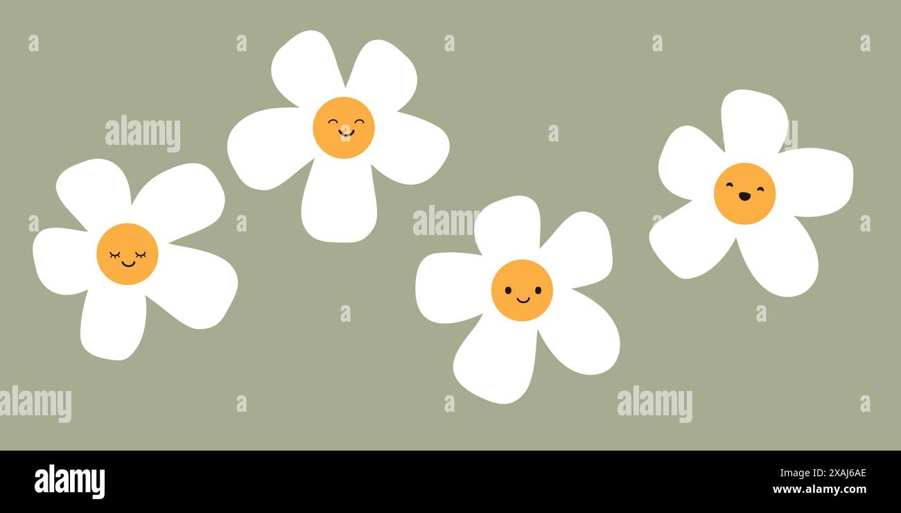 Set of Smiling White Daisy Flowers on Grey Background - Cute Cartoon ...