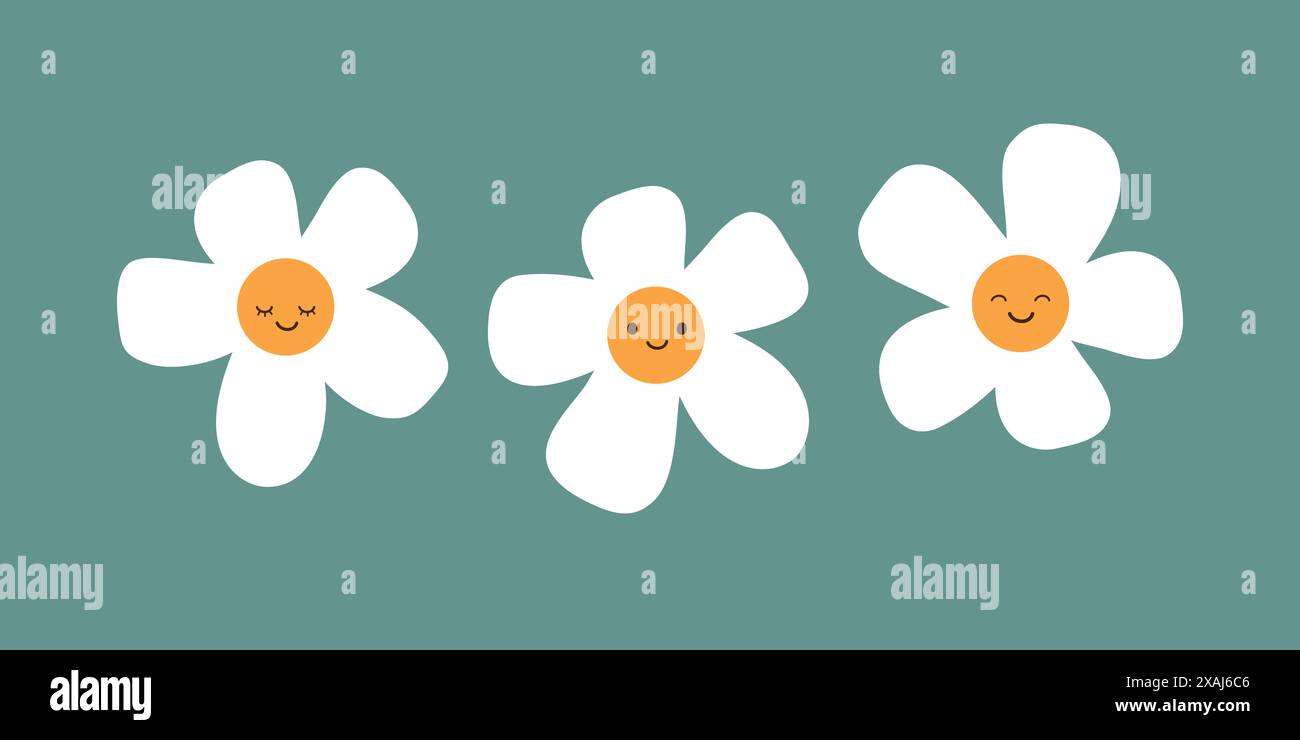 Set of Smiling White Daisy Flowers on Green Background - Cute Cartoon ...