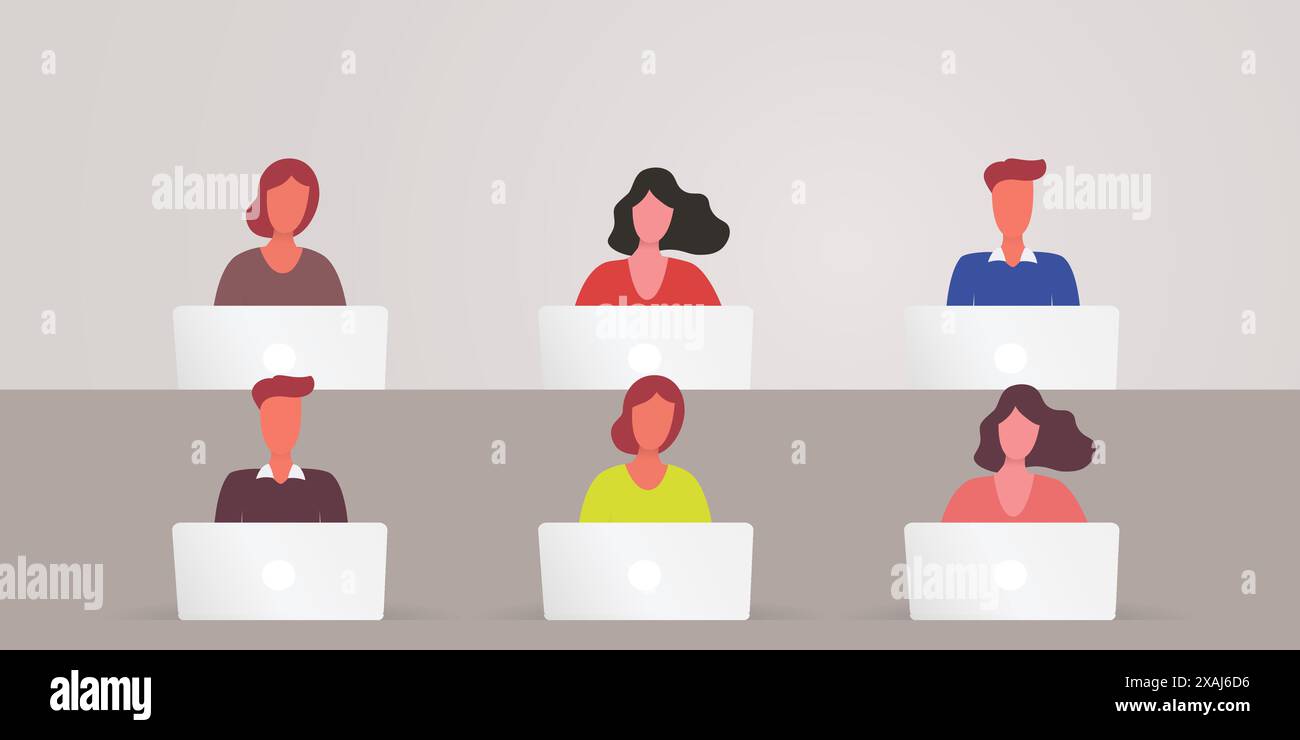 Vector Illustration of Flat Cartoon Characters Working in Office, Co ...