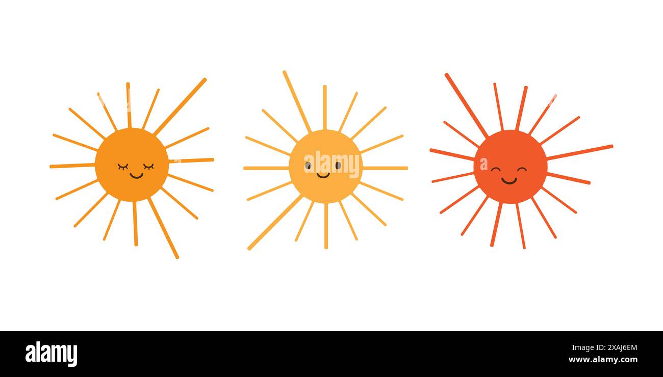 Set of Colorful Simple Funny Smiling Sun Icons Isolated on White ...