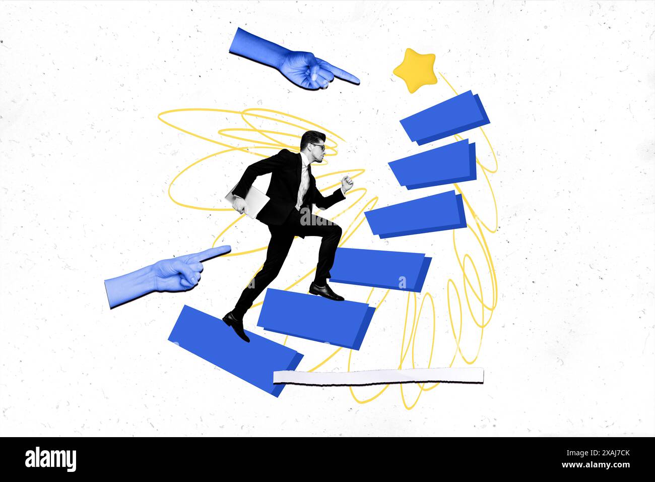 Composite photo collage of serious businessman step promotion ladder ...