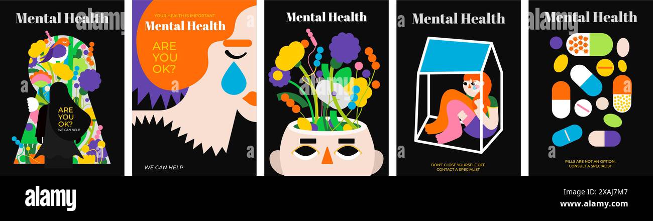 A collection of posters about mental health, emotional burnout ...